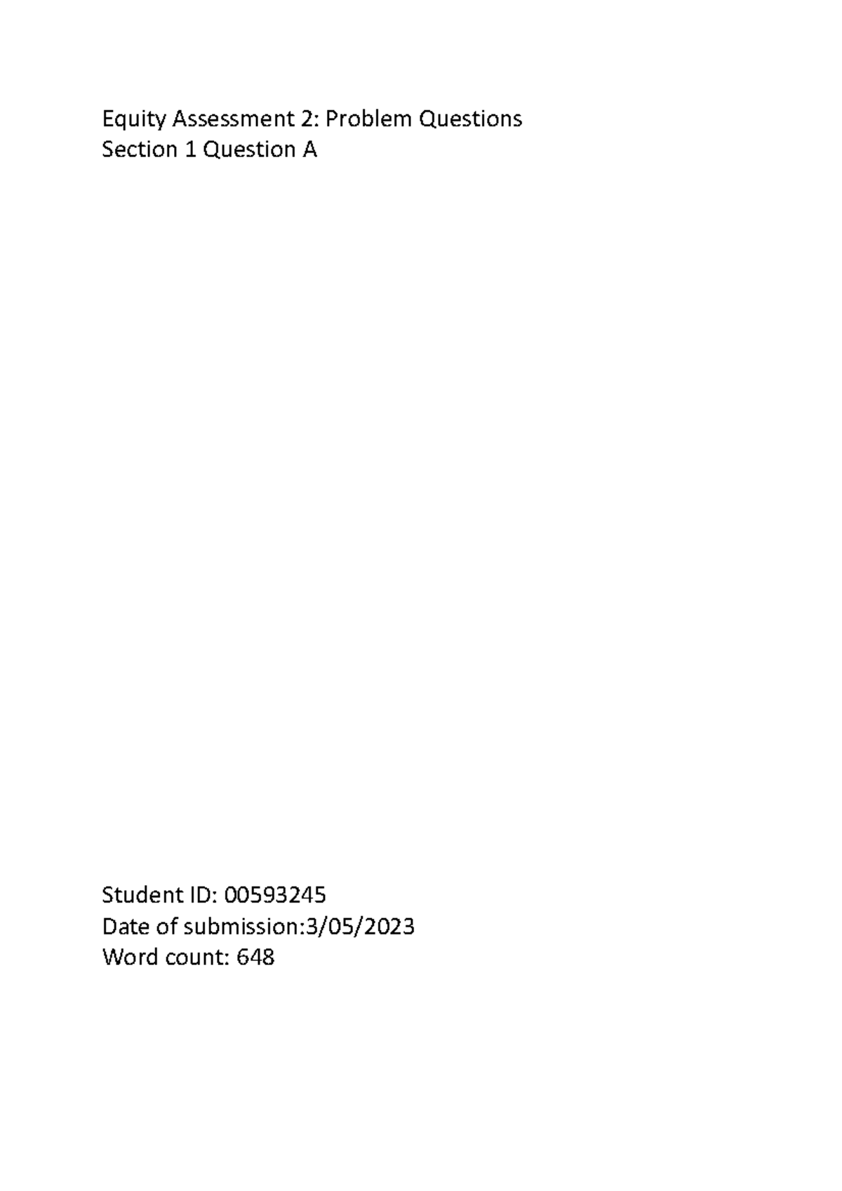 Equity 2 final essay - Equity Assessment 2: Problem Questions Section 1 ...