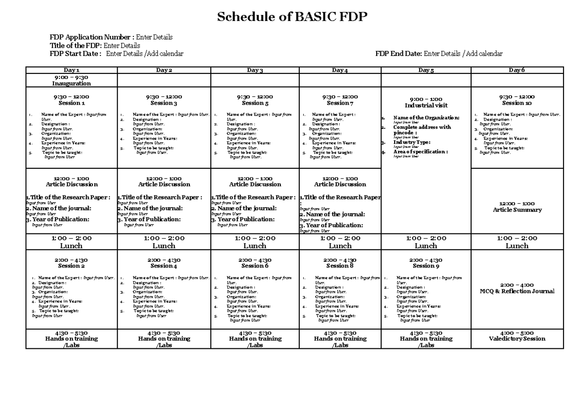 Basic fdp schedule - Schedule of BASIC FDP FDP Application Number : Enter Details Title of the ...