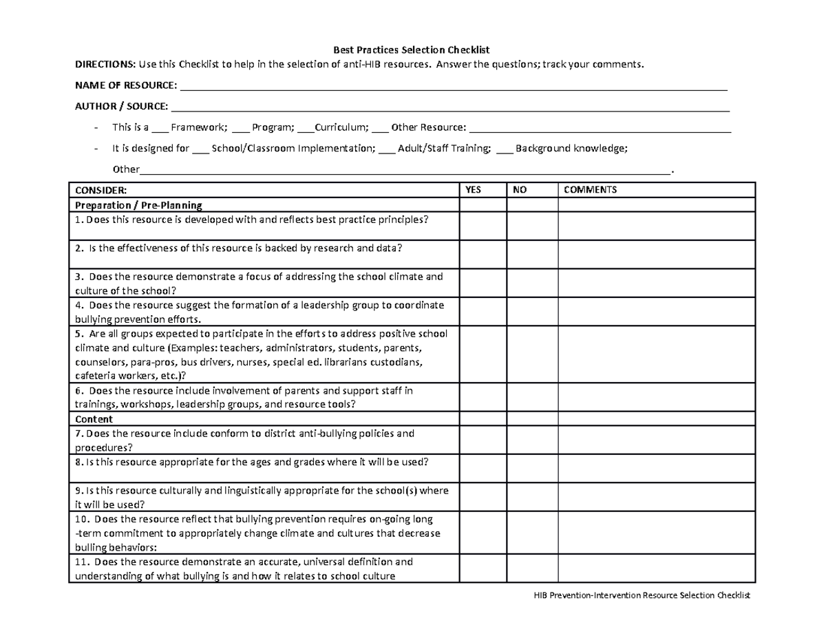 Bestpracticesselectionchecklist - Best Practices Selection Checklist ...