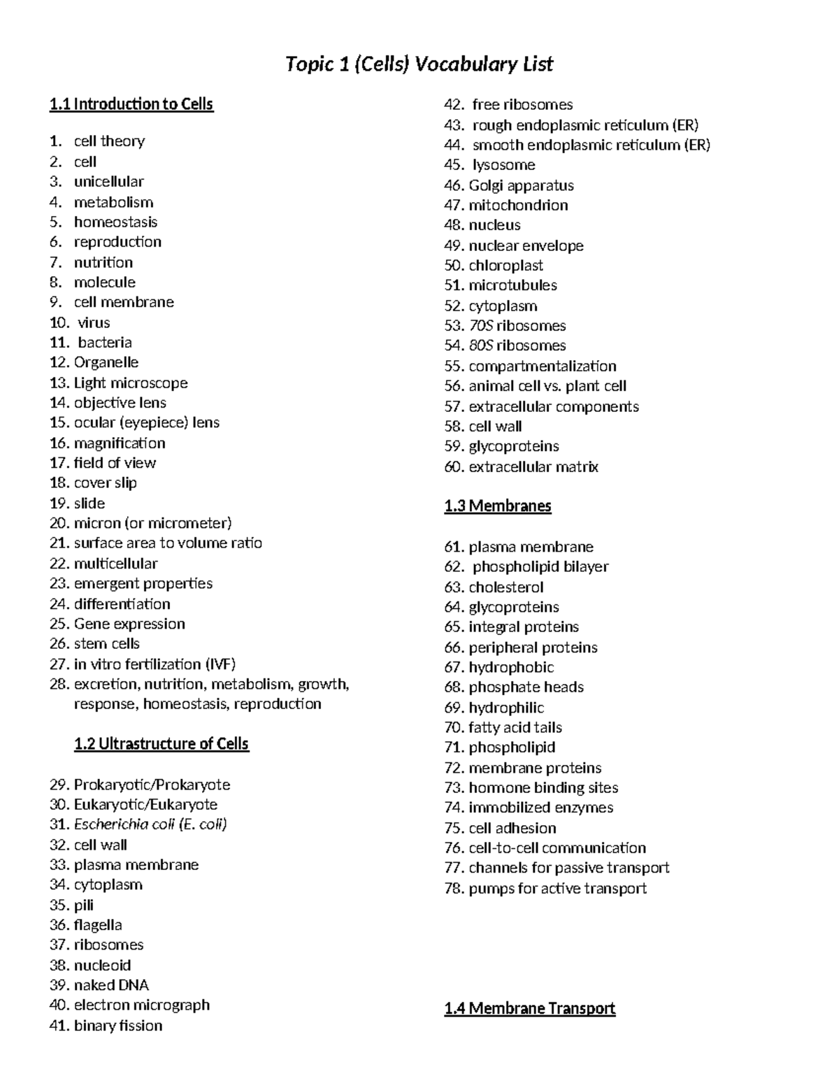 Topic 1 cells vocab - Topic 1 (Cells) Vocabulary List 1 Introduction to ...