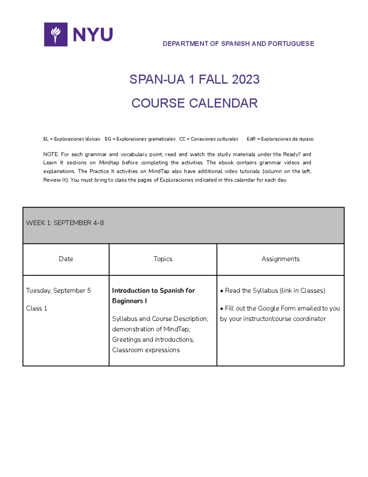 SPAN 1 - Syllabus Fall 2023 - DEPARTMENT OF SPANISH AND PORTUGUESE SPAN ...