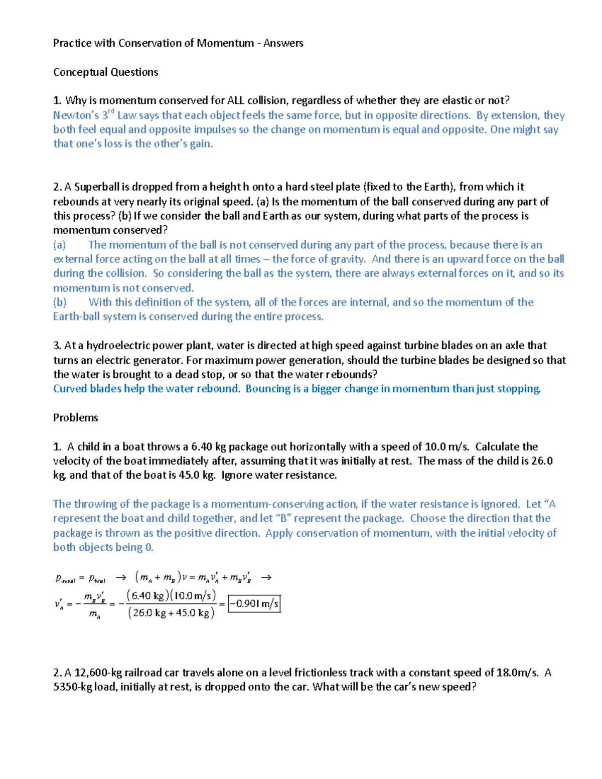 16-17 Practice Problems with Conservation of Momentum - Ans - Practice ...