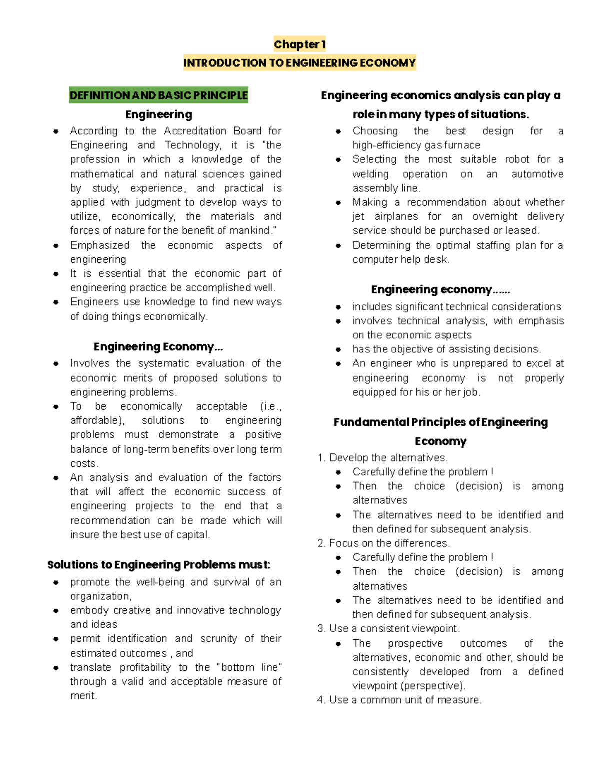 Econ-Midterm-Period - Summary Engineering Economics - Chapter 1 INTRODUCTION TO ENGINEERING ...