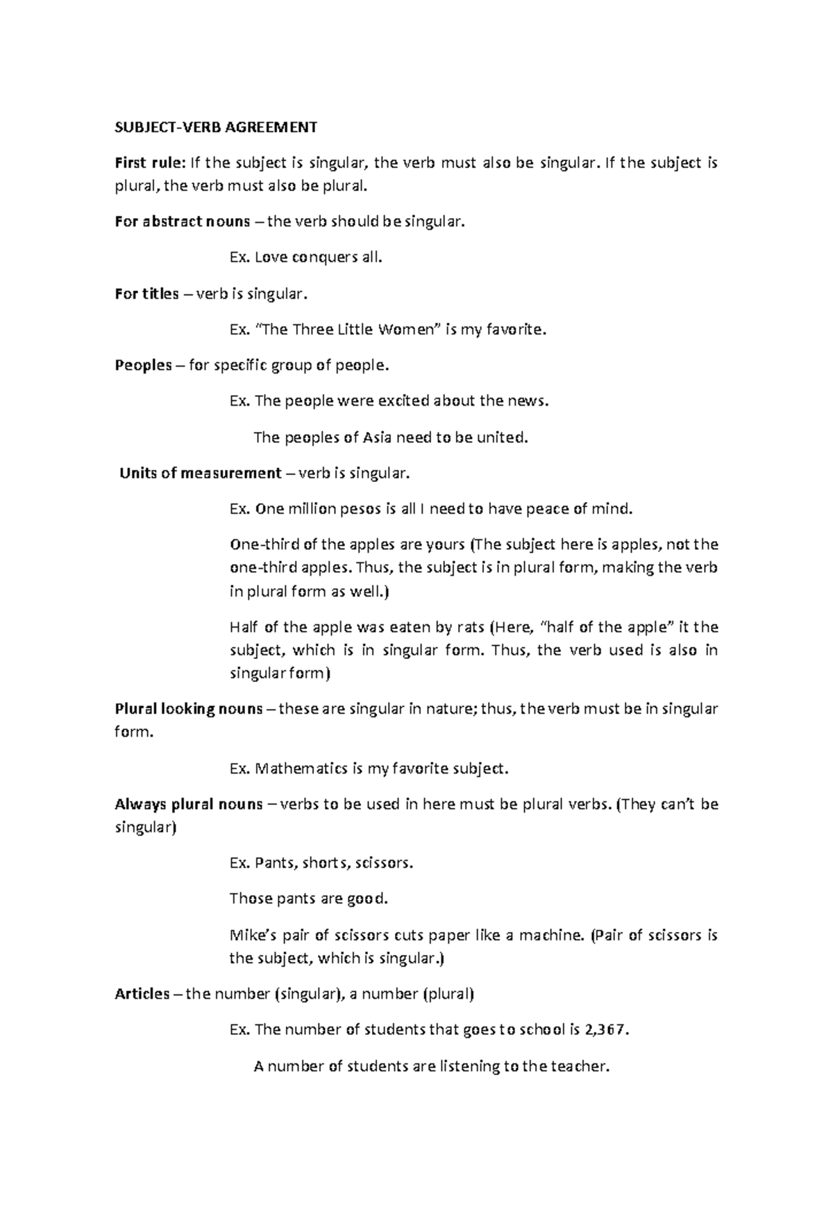 Subject-VERB- Agreement - SUBJECT-VERB AGREEMENT First rule : If the ...