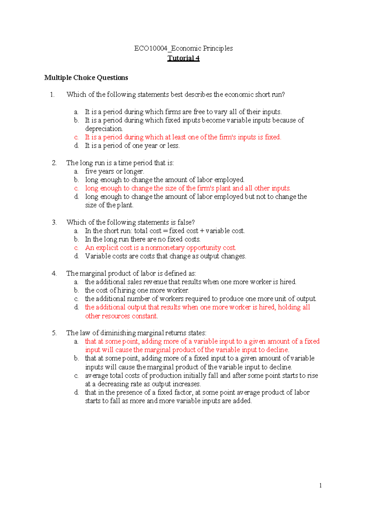 ECO10004 Tutorial 4 - ECO10004_Economic Principles Tutorial 4 Multiple ...