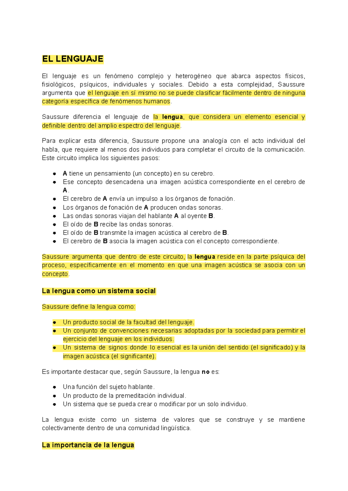 Resumen Saussure - EL LENGUAJE El lenguaje es un fenómeno complejo y ...