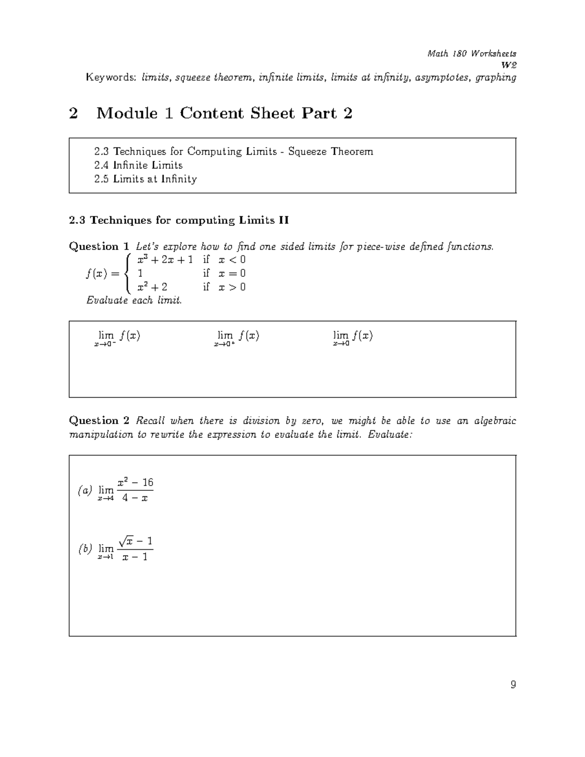 Module 1 Part II - W Keywords: limits, squeeze theorem, infinite limits, limits at infinity ...