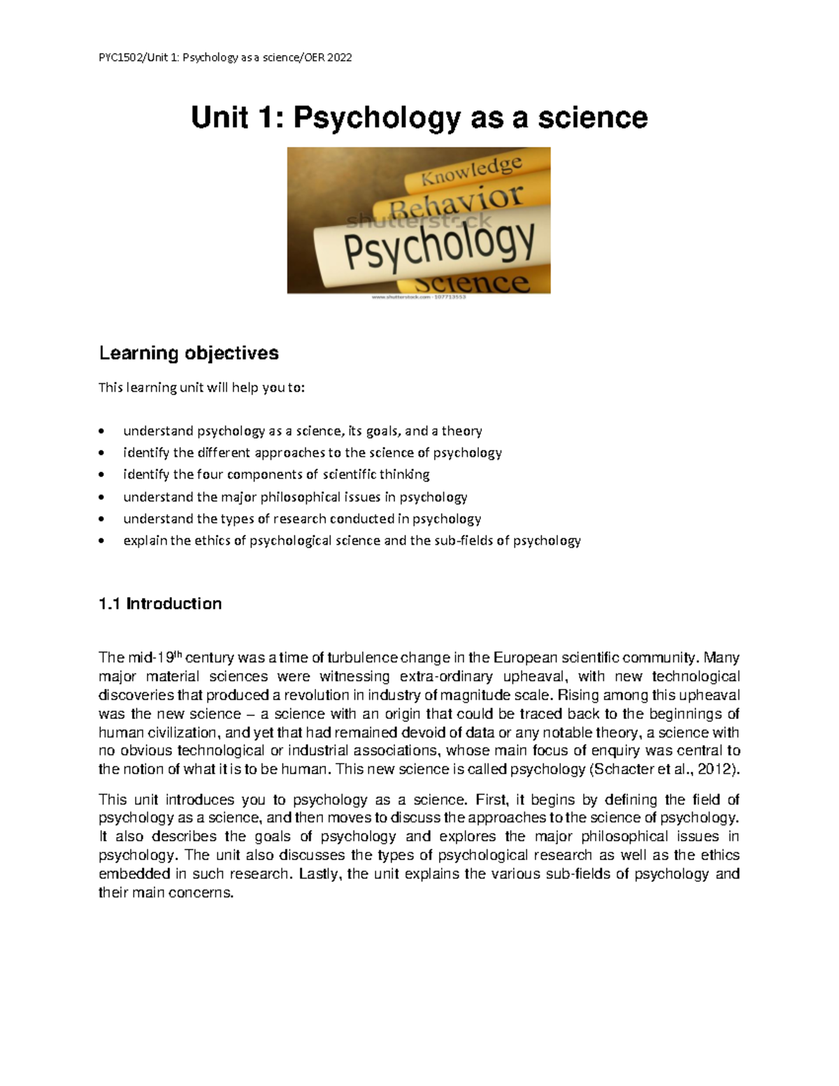 PYC1502 - Semester 2 - Psychology in society - Unit 1: Psychology as a ...