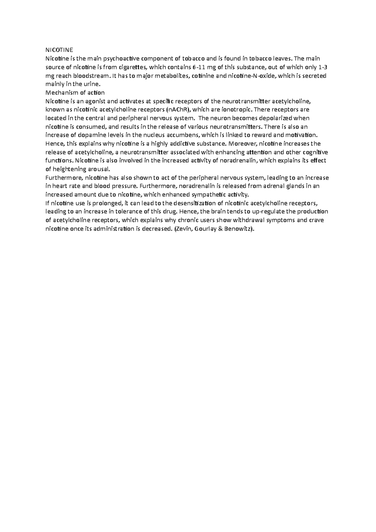 Nicotine - class lecture notes - NICOTINE Nicotine is the main ...