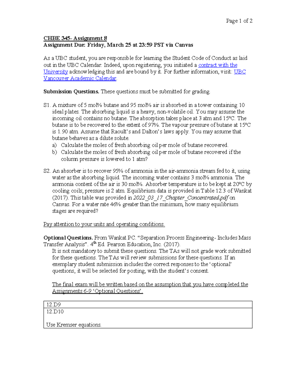 2022 03 18 Assignment 8 - Page 1 of 2 CHBE 345- Assignment 8 Assignment Due: Friday, March 25 at ...