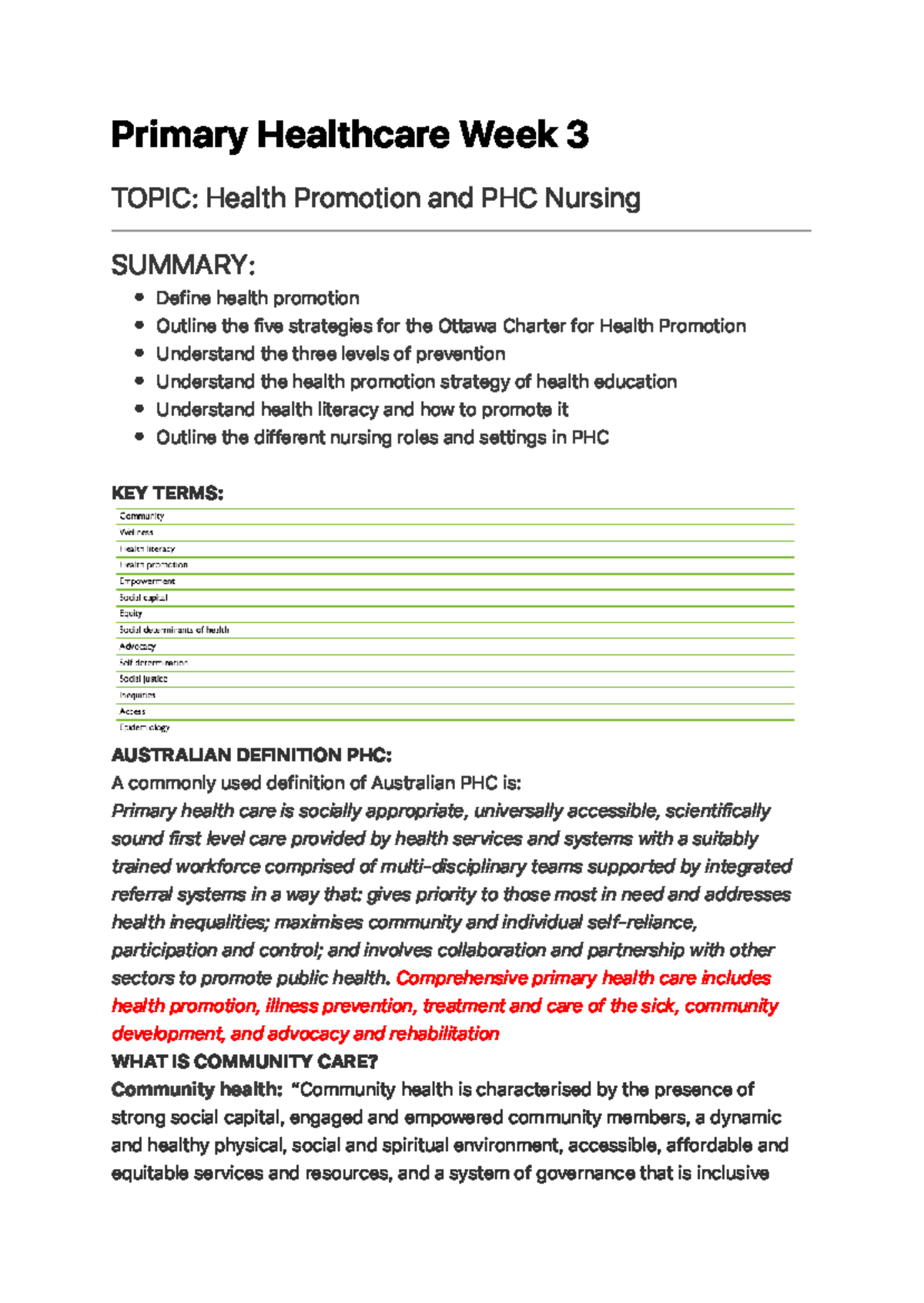 Primary Healthcare Week 3 - Comprehensive primary health care includes ...