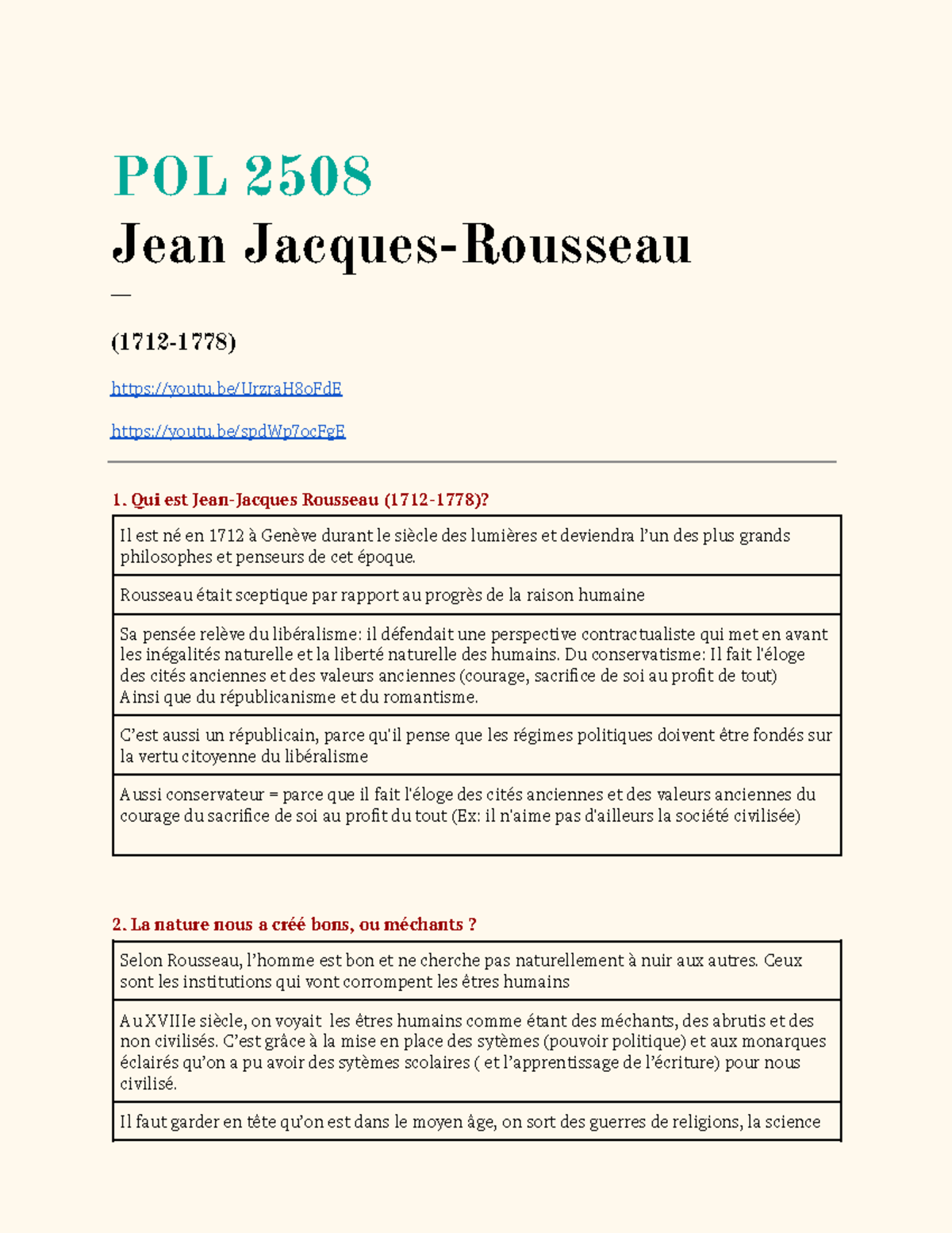 Rousseau- POL 2508- outline - POL 2508 Jean Jacques-Rousseau ___ (1712 ...