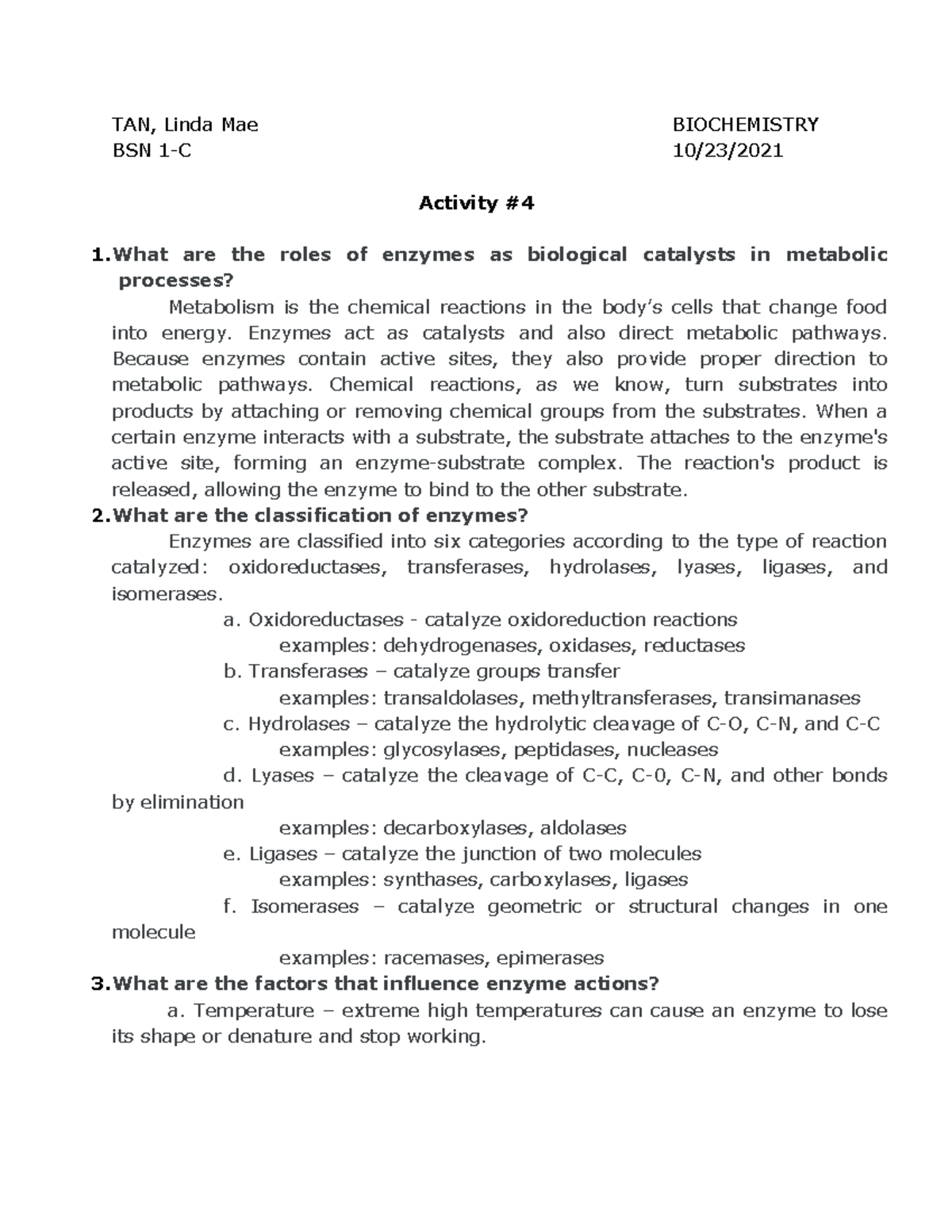 Biology and chemistry Activity Essay #4 - TAN, Linda Mae BIOCHEMISTRY ...