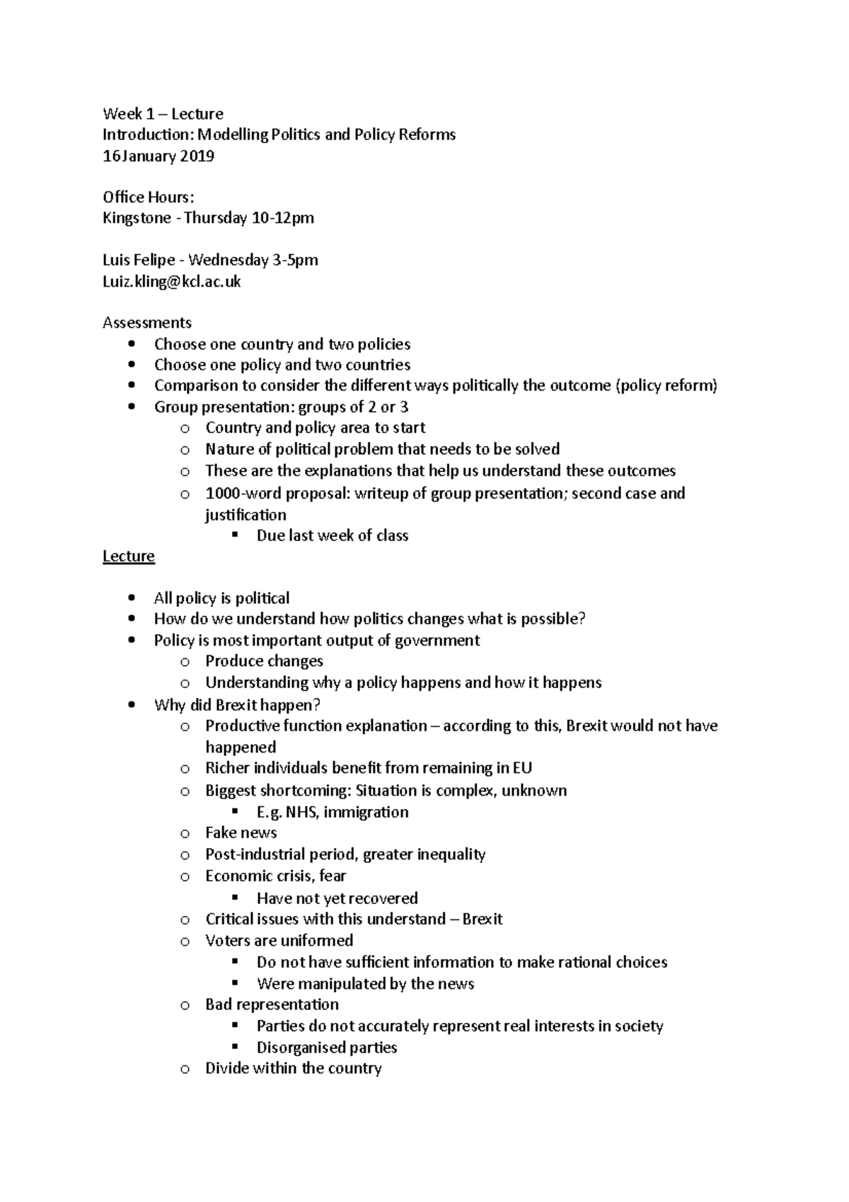 Week 1 - Lecture - Week 1 – Lecture Introduction: Modelling Politics ...