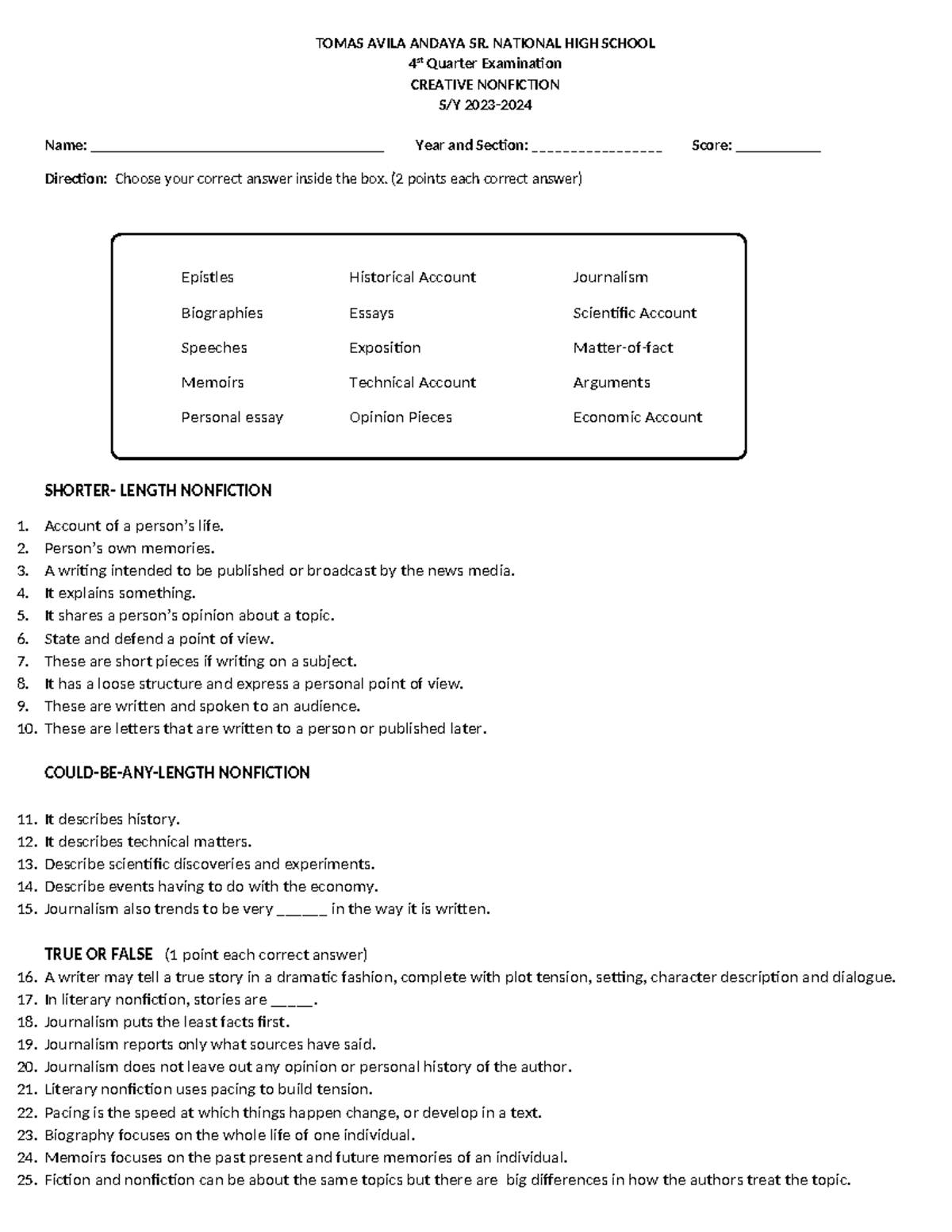 Creative Non fiction Exam - TOMAS AVILA ANDAYA SR. NATIONAL HIGH SCHOOL ...