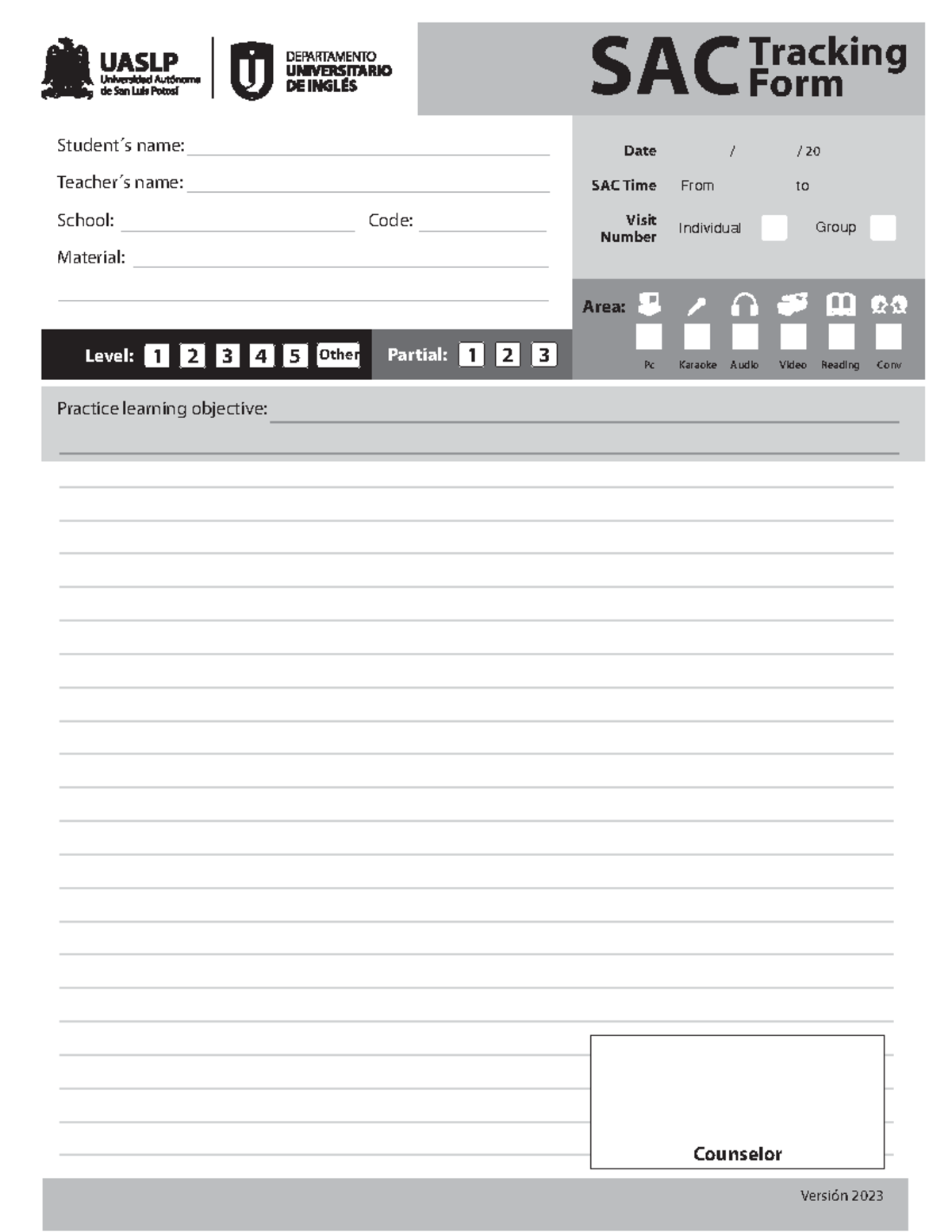 Tracking Form - Limites - Cálculo A - Versión 2023 Date SAC Time Visit ...