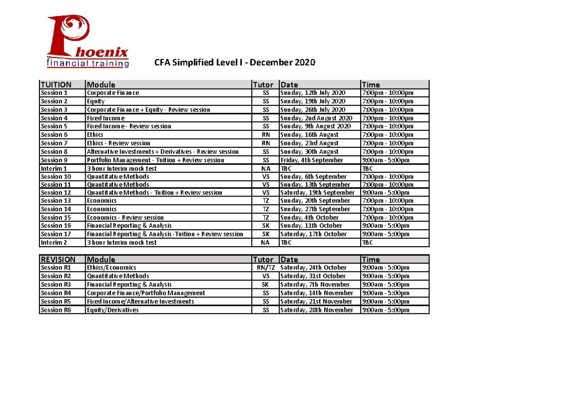 CFA TIME Table - CFA study plan - TUITION Module Tutor Date Time ...