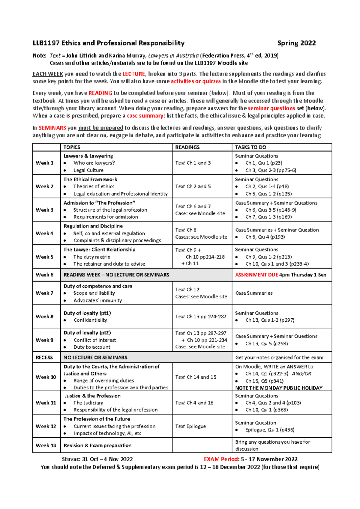 Ethics seminar plans - LLB1197 Ethics and Professional Responsibility ...