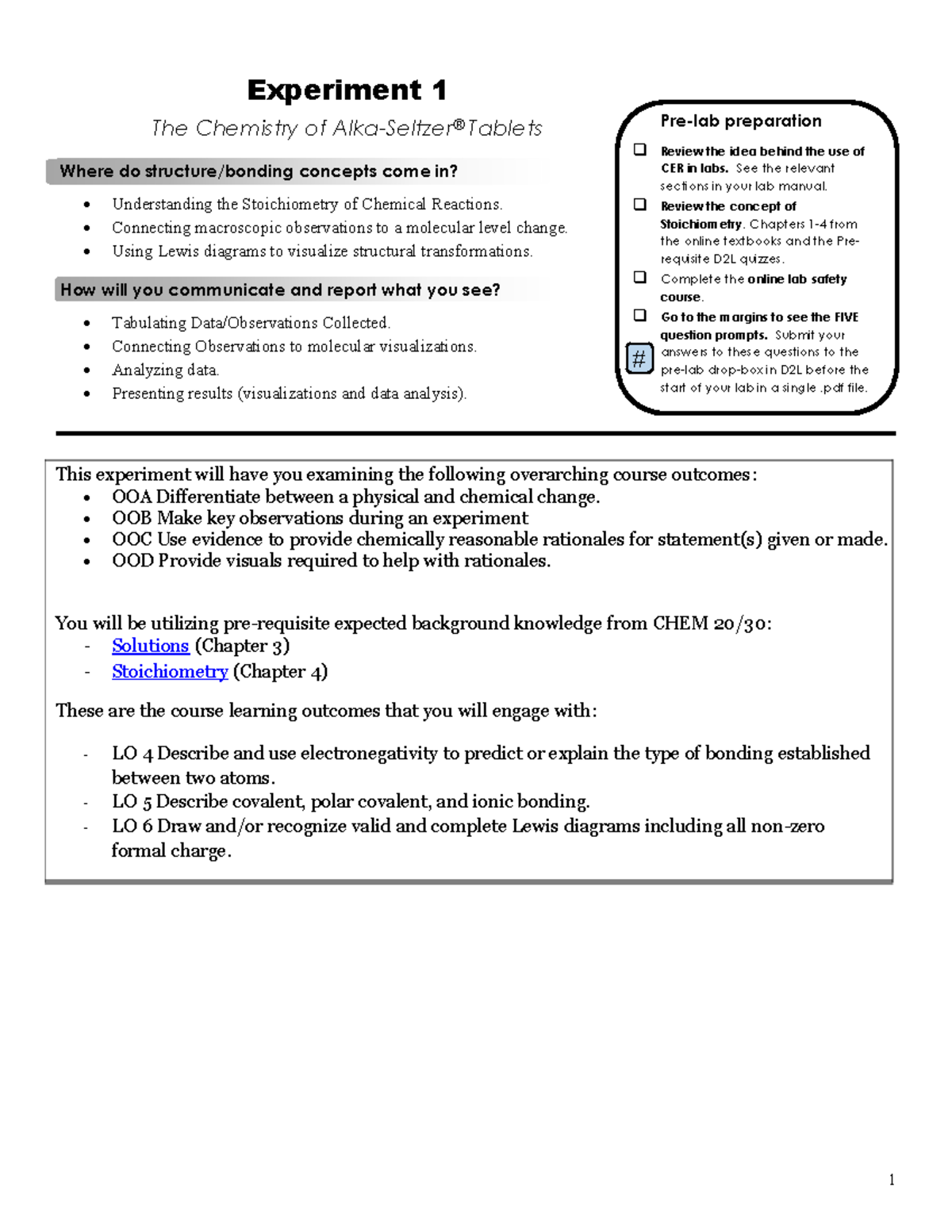 Lab experiment 1 - ####### 1 Experiment 1 The Chemistry of Alka-Seltzer ...