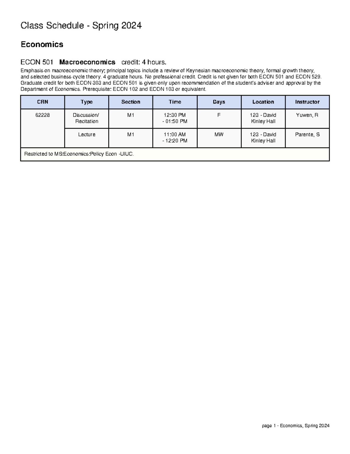 Schedule 2024 spring ECON 501 - page 1 - Economics, Spring 2024 Class ...