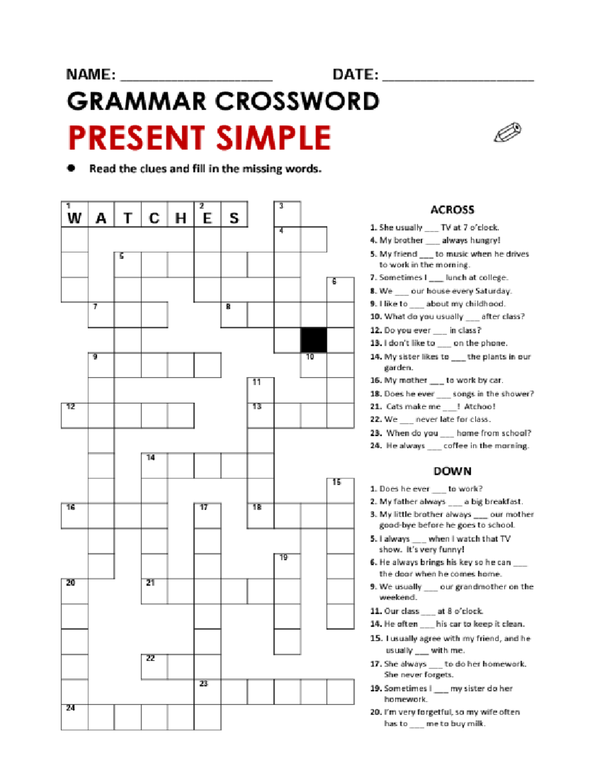 Simplepresentcrossword - Inglés Básico - Studocu