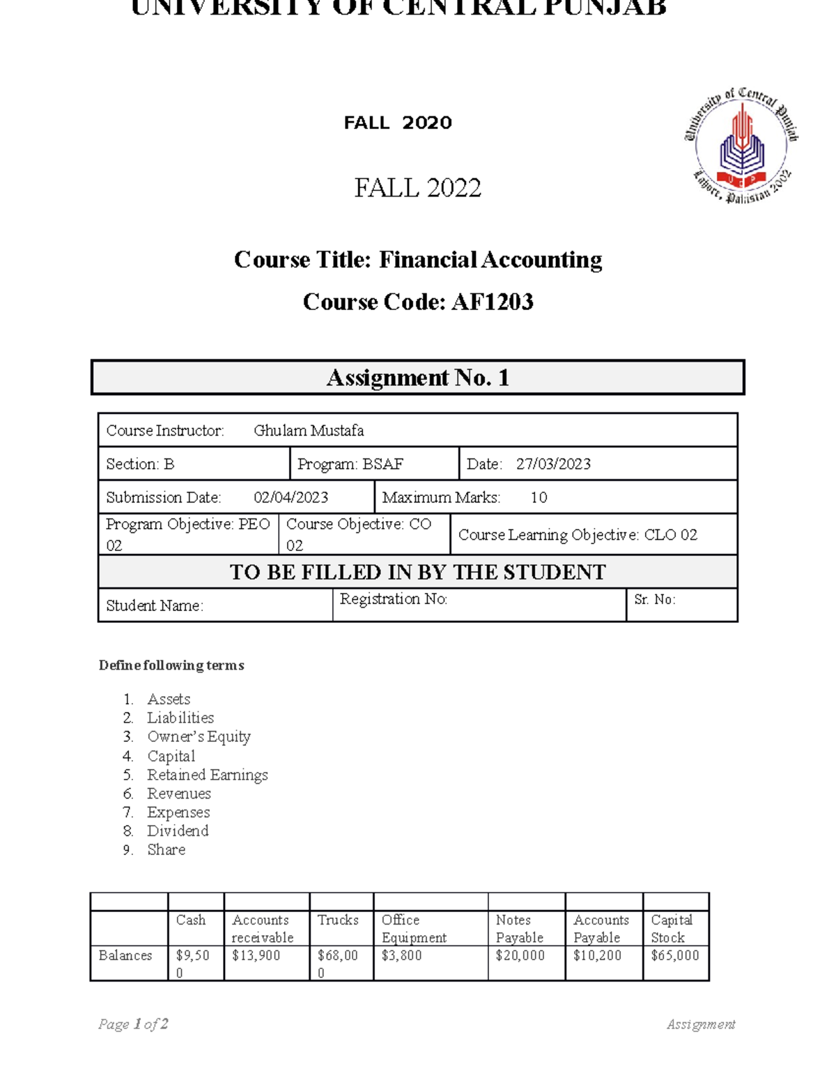 Assignment 1 - Accounting equation - UNIVERSITY OF CENTRAL PUNJAB FALL 2020 FALL 2022 Course ...