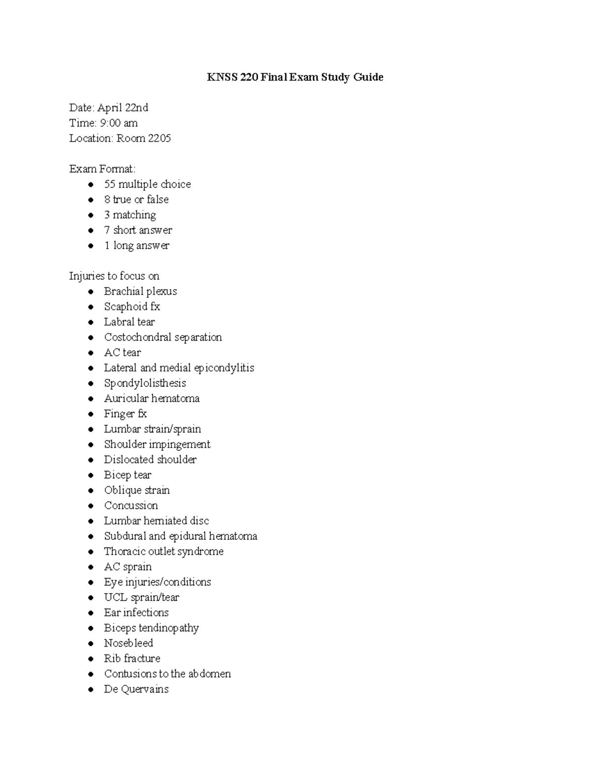 Final exam study guide - Lecture notes - KNSS 220 Final Exam Study ...