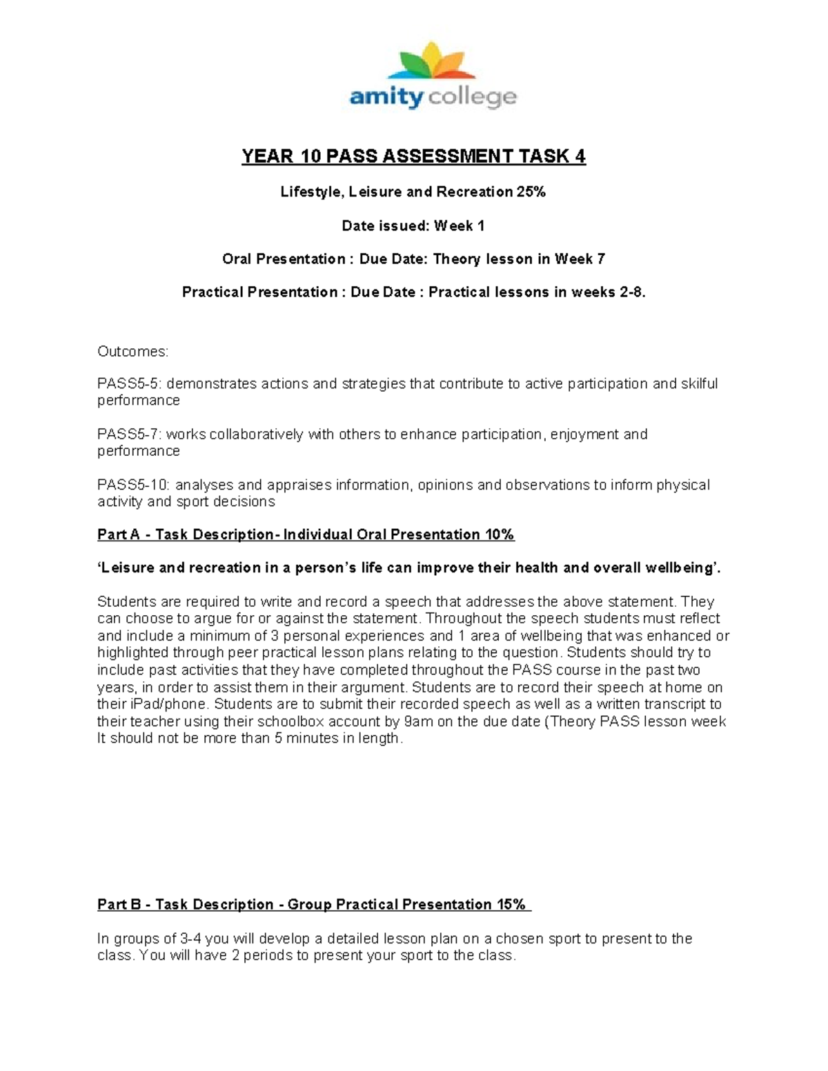 YEAR 10 PASS Assessment TASK 2 - YEAR 10 PASS ASSESSMENT TASK 4 ...