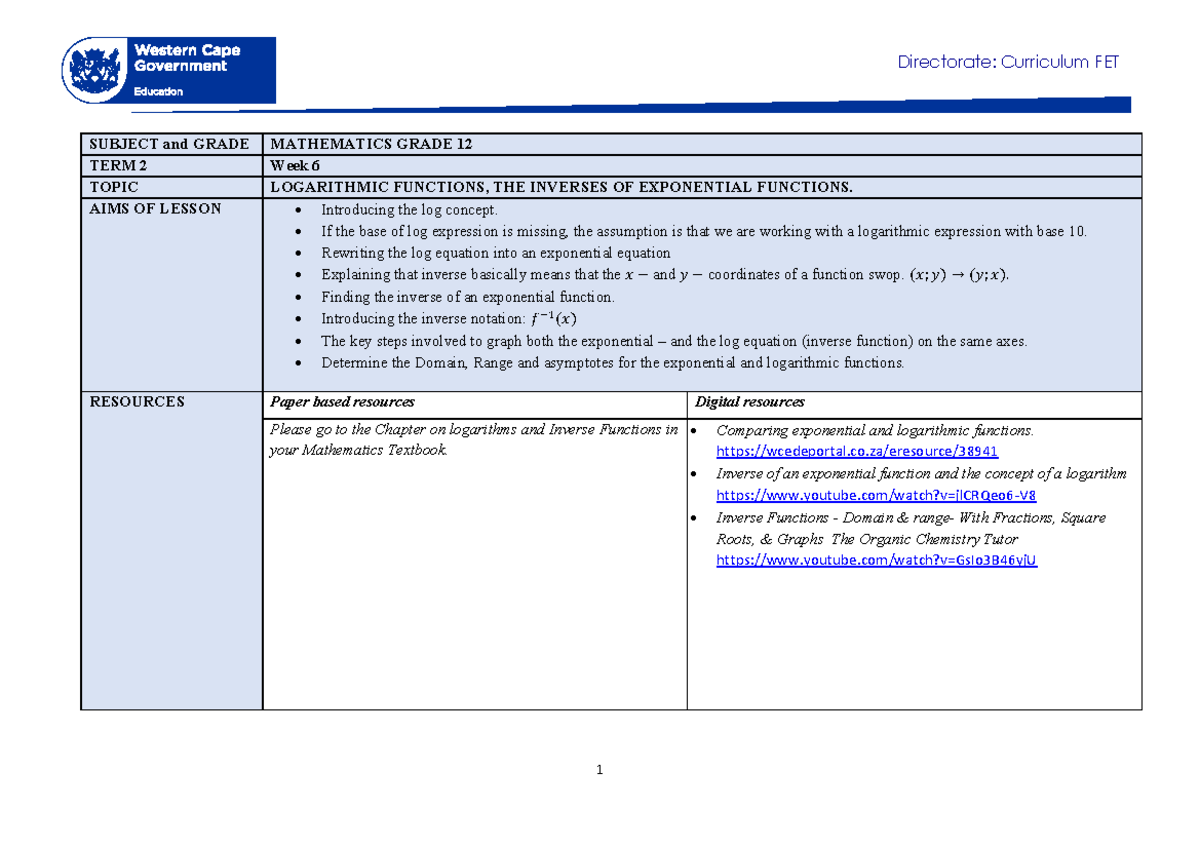 2020 Maths Gr 12 T2 Inverse Exponential - SUBJECT and GRADE MATHEMATICS ...