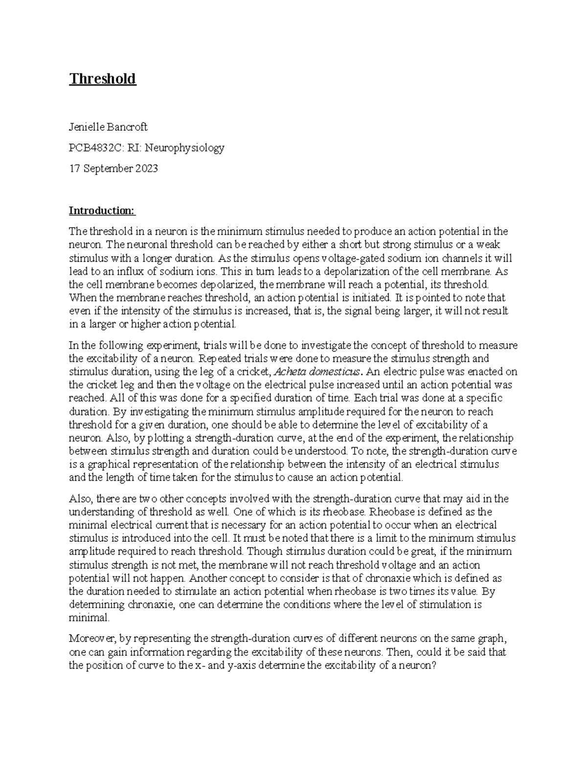 Threshold Lab Report - Threshold Jenielle Bancroft PCB4832C: RI: Neurophysiology 17 September ...