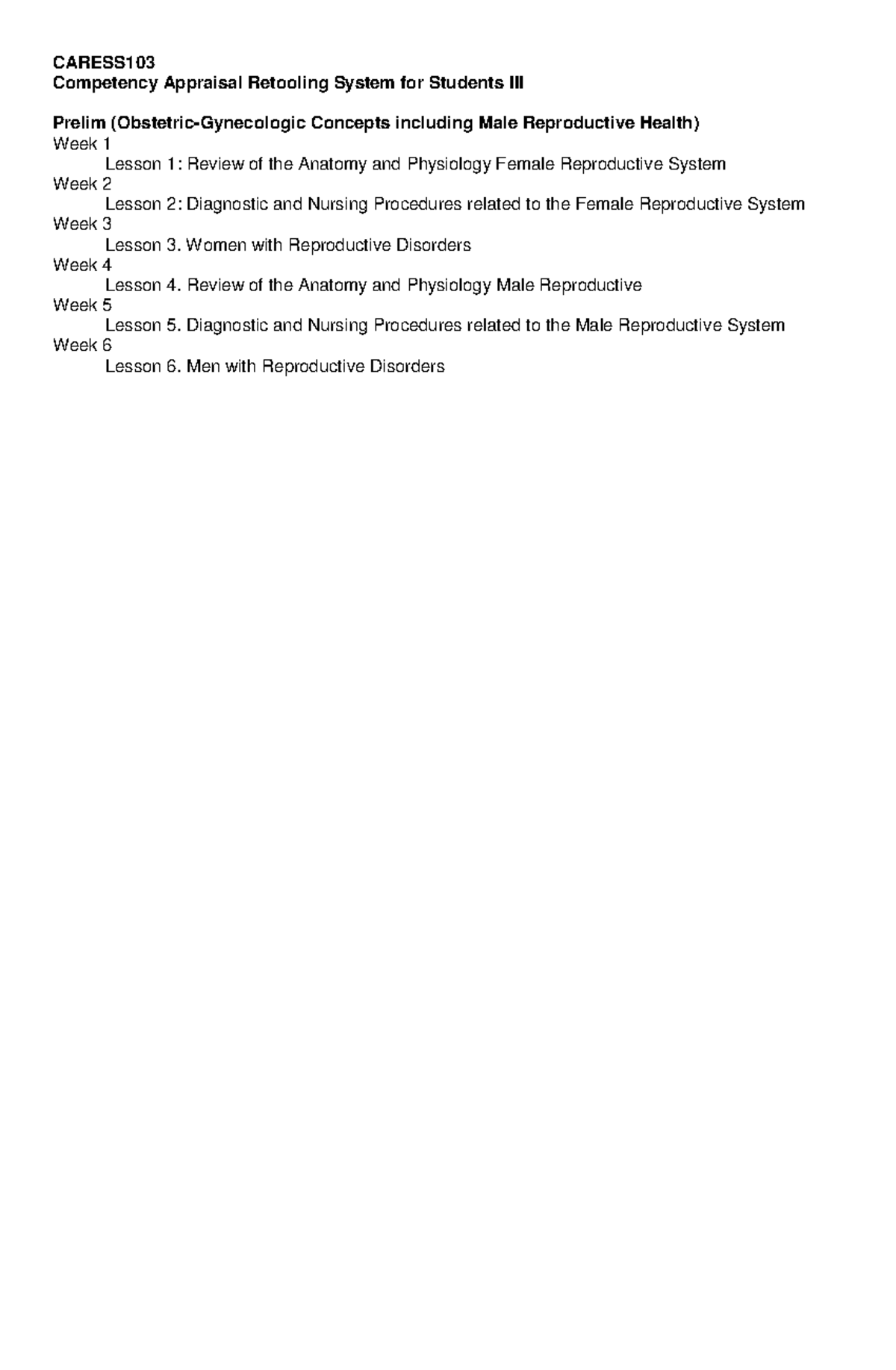 Caress 103 course outline - CARESS Competency Appraisal Retooling ...