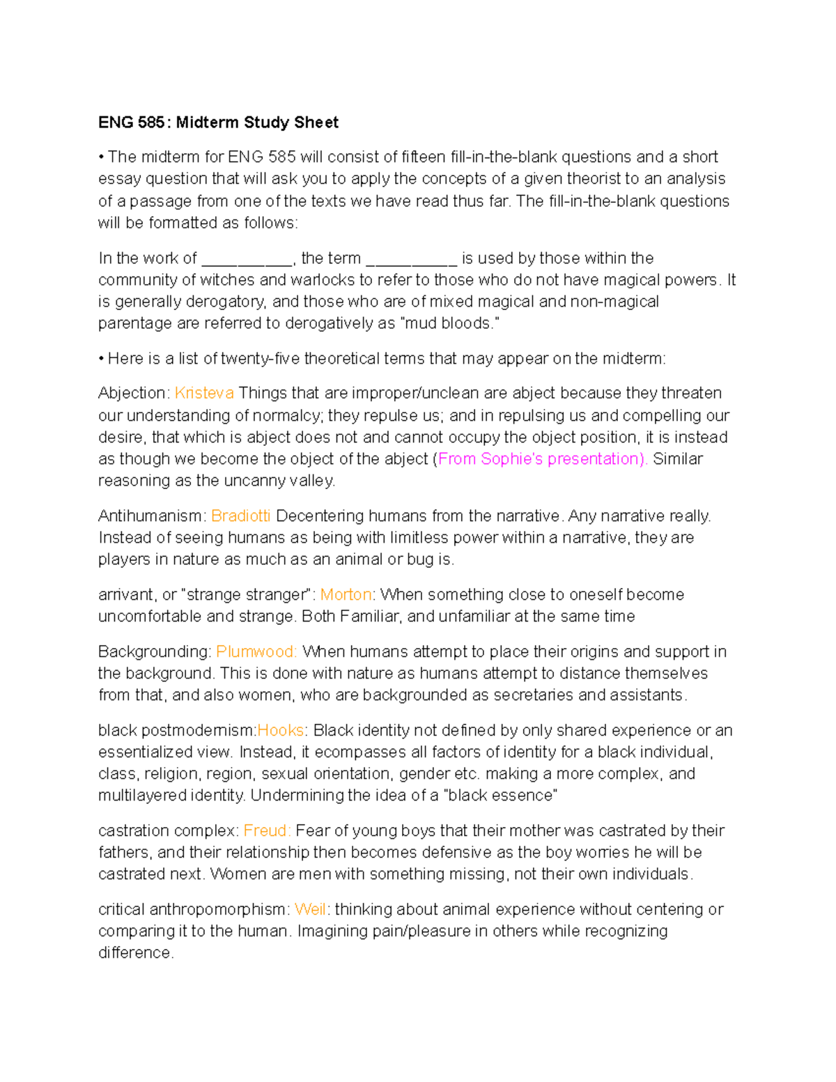 ENG 585 Midterm Study Sheet - ENG 585: Midterm Study Sheet The midterm ...