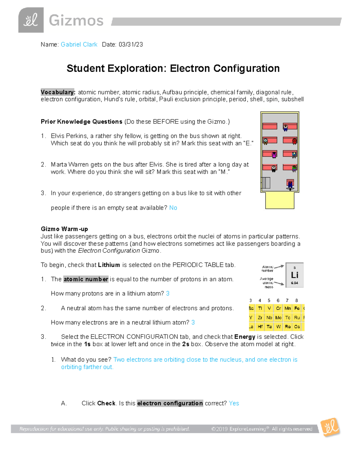 Electron configuration lab - Name: Gabriel Clark Date: 03/31/ Student ...