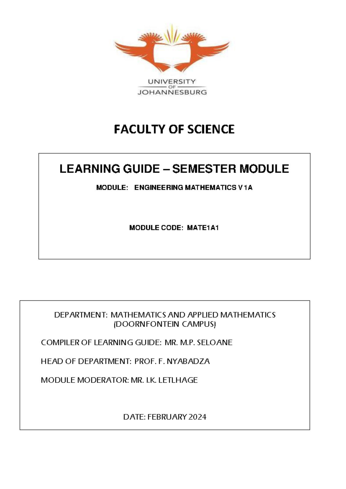 MATE1A1 Learning Guide 26 Feb 2024 - FACULTY OF SCIENCE LEARNING GUIDE ...