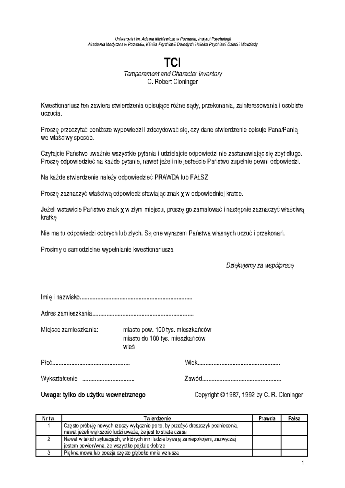 TCI test - TCI test do wykonania - Uniwersytet im. Adama Mickiewicza w ...