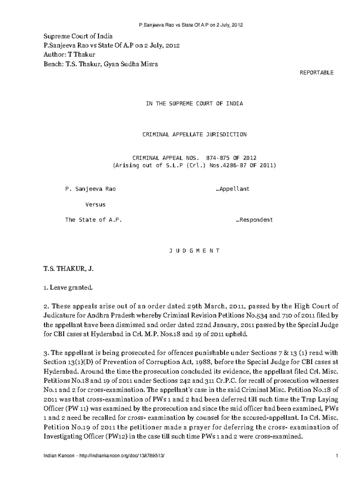 P. Sanjeeva Rao Vs. State of A.P in AIR 2012 SC 2242 - Supreme Court of ...