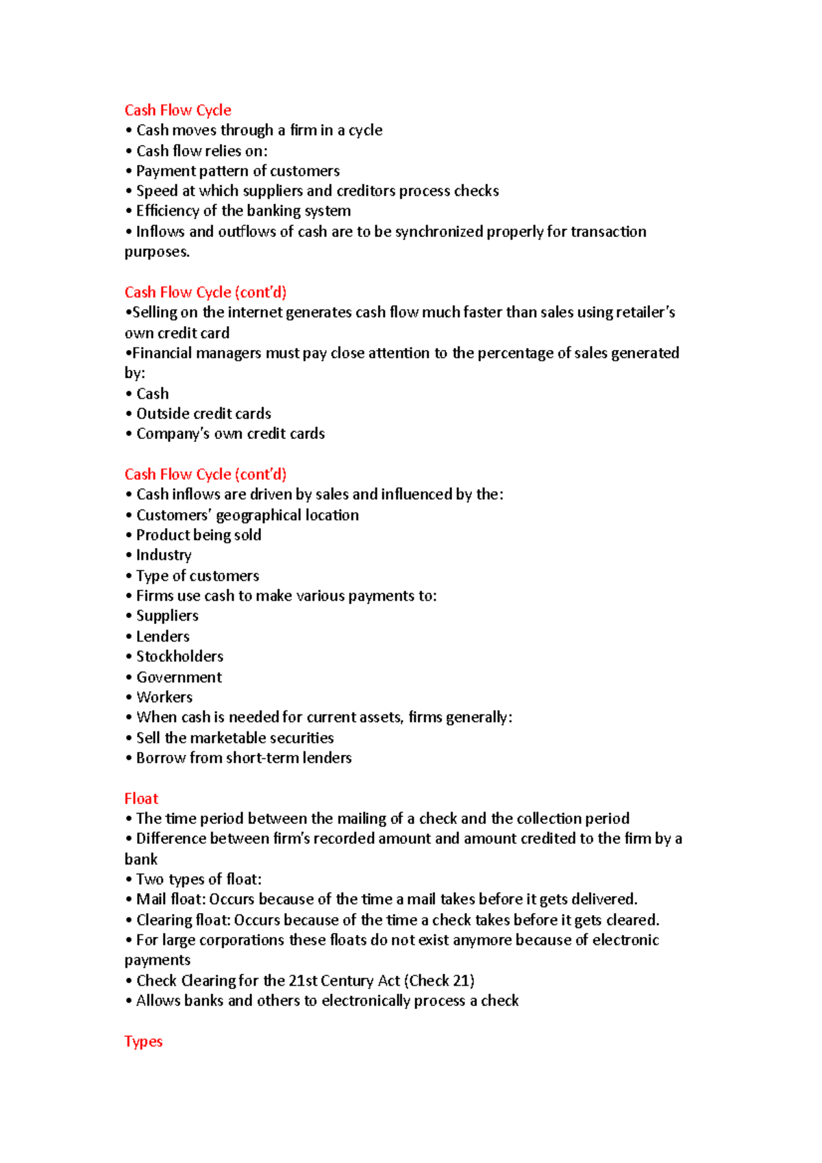 Cash Flow Cycle and Float - Cash Flow Cycle Cash moves through a firm ...