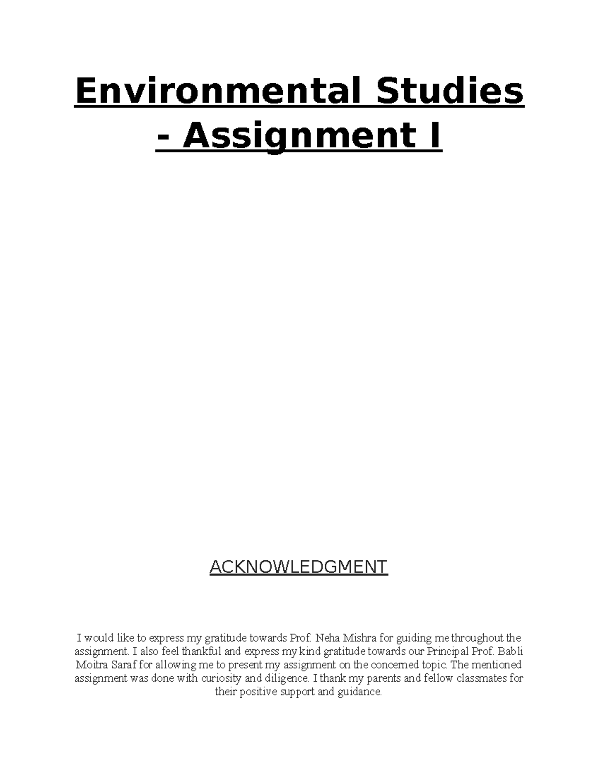Evs 1 - Women's role in environmental protection - Environmental Studies - Assignment I - Studocu