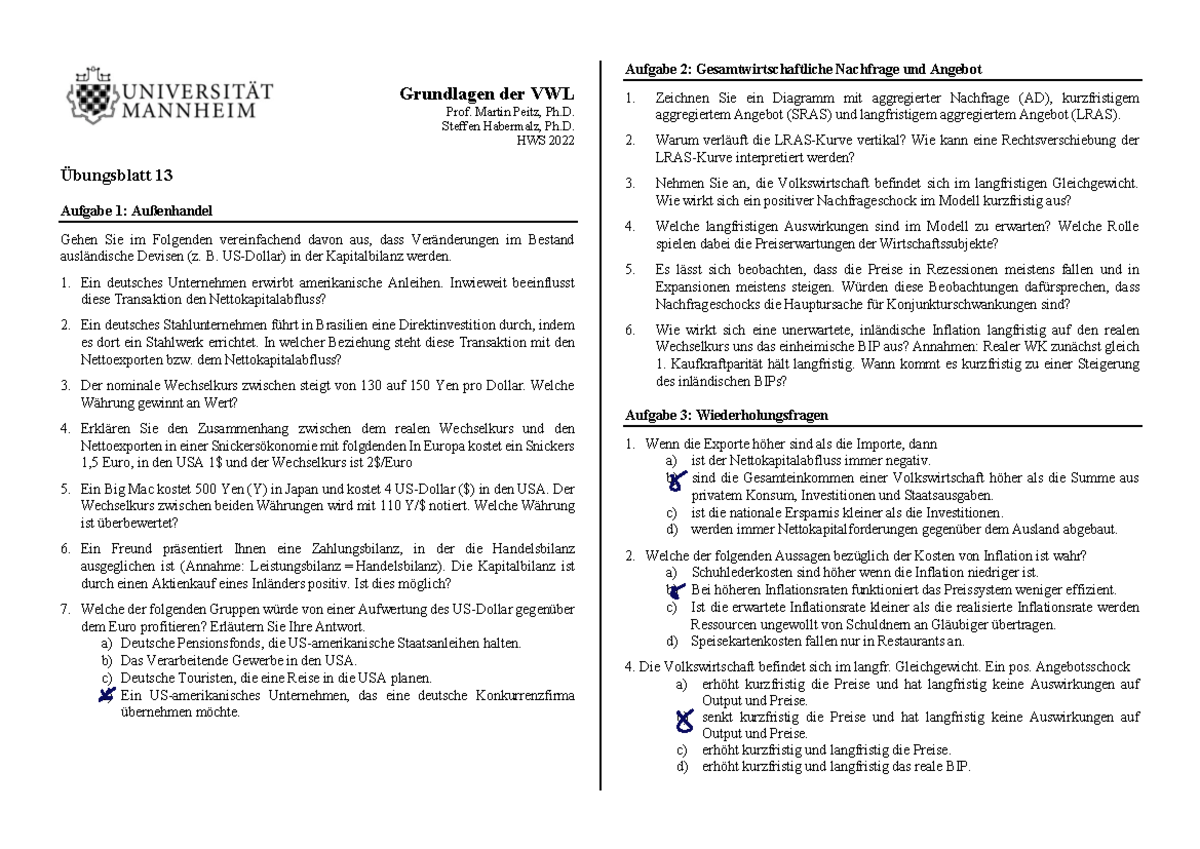 Uebungsblatt 13 - VWL Übungsblatt - Grundlagen der VWL ####### Prof ...