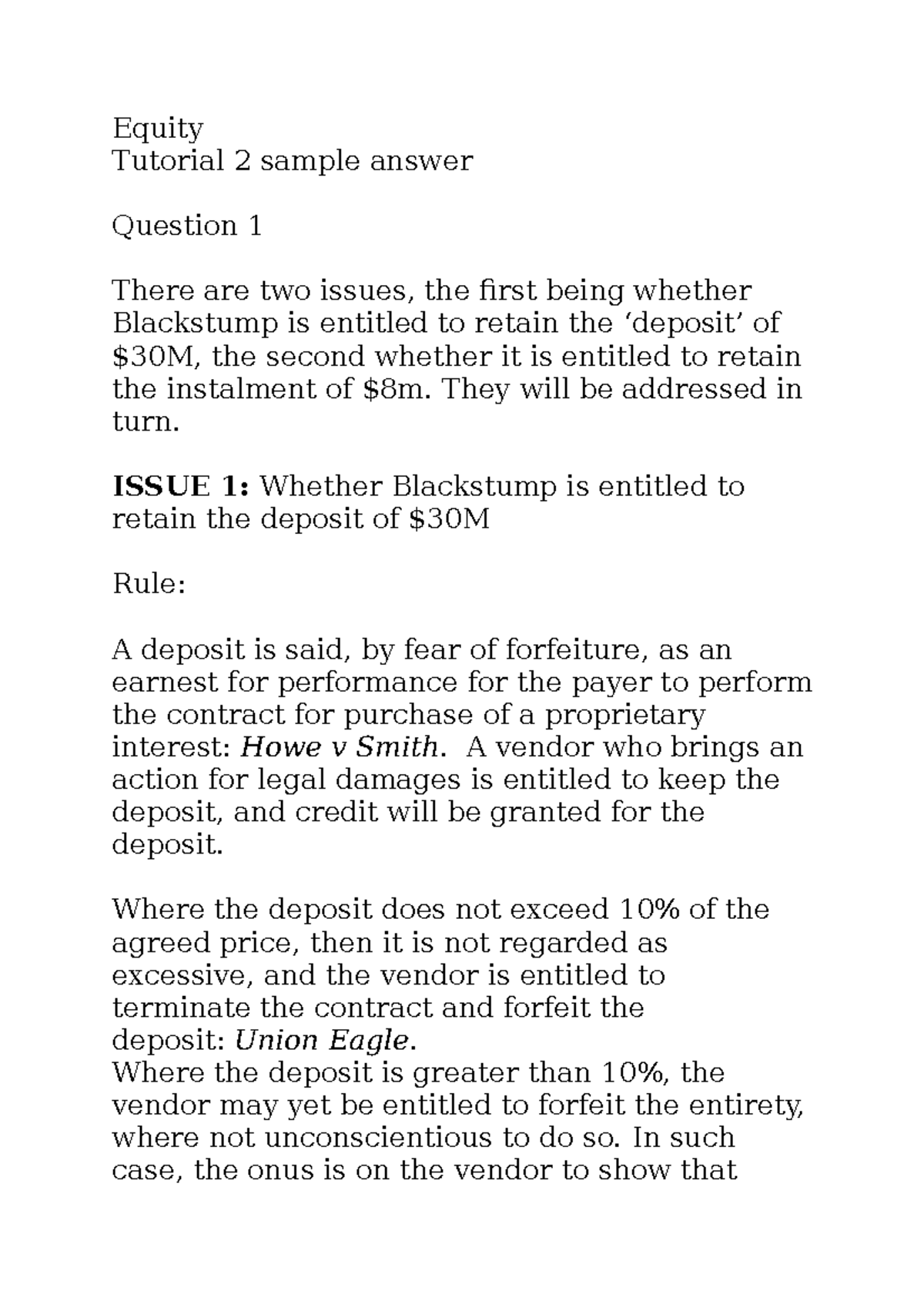 Tutorial 2 sample answer - Equity Tutorial 2 sample answer Question 1 ...