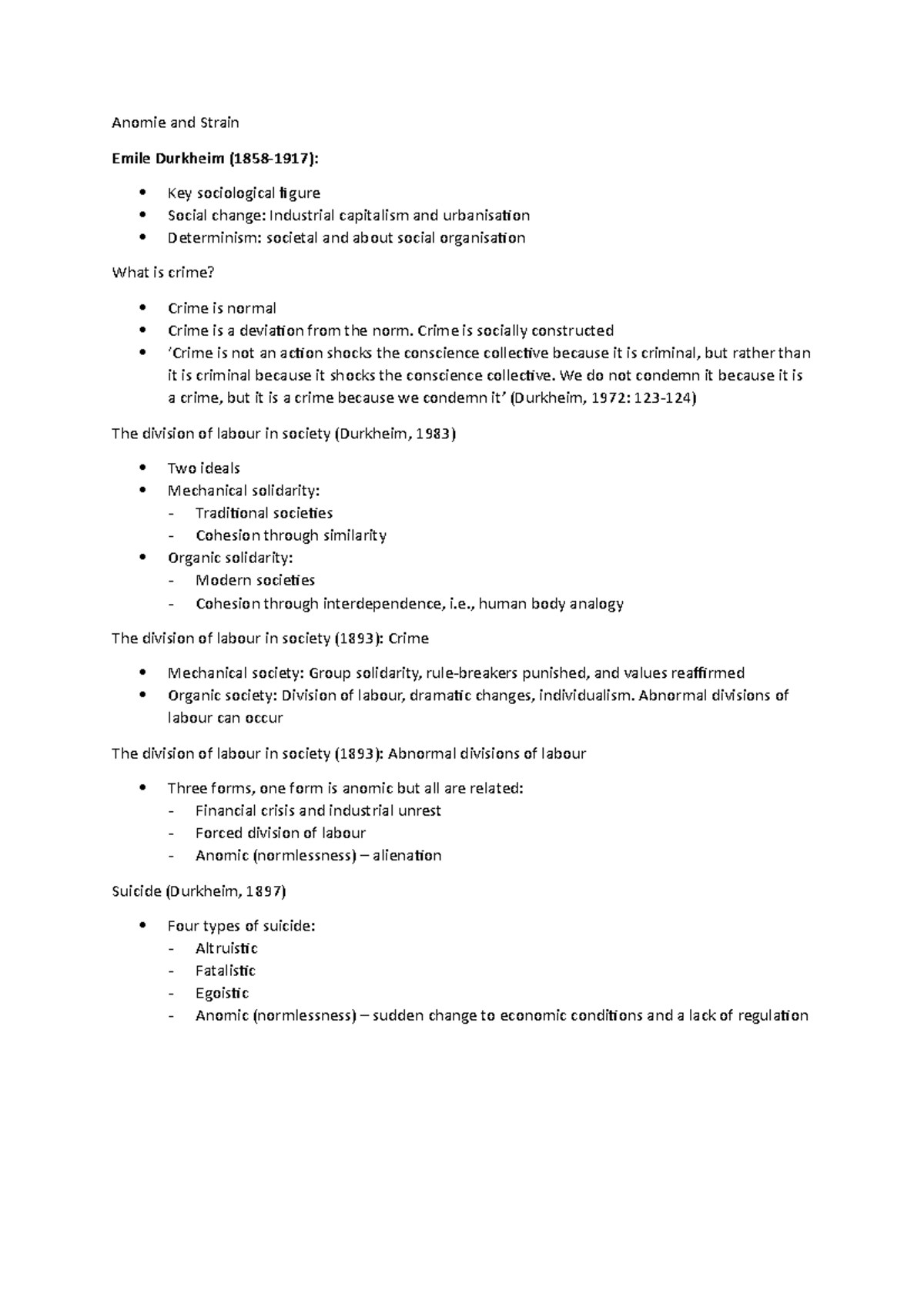 Anomie and Strain - Lecture notes - Anomie and Strain Emile Durkheim ...