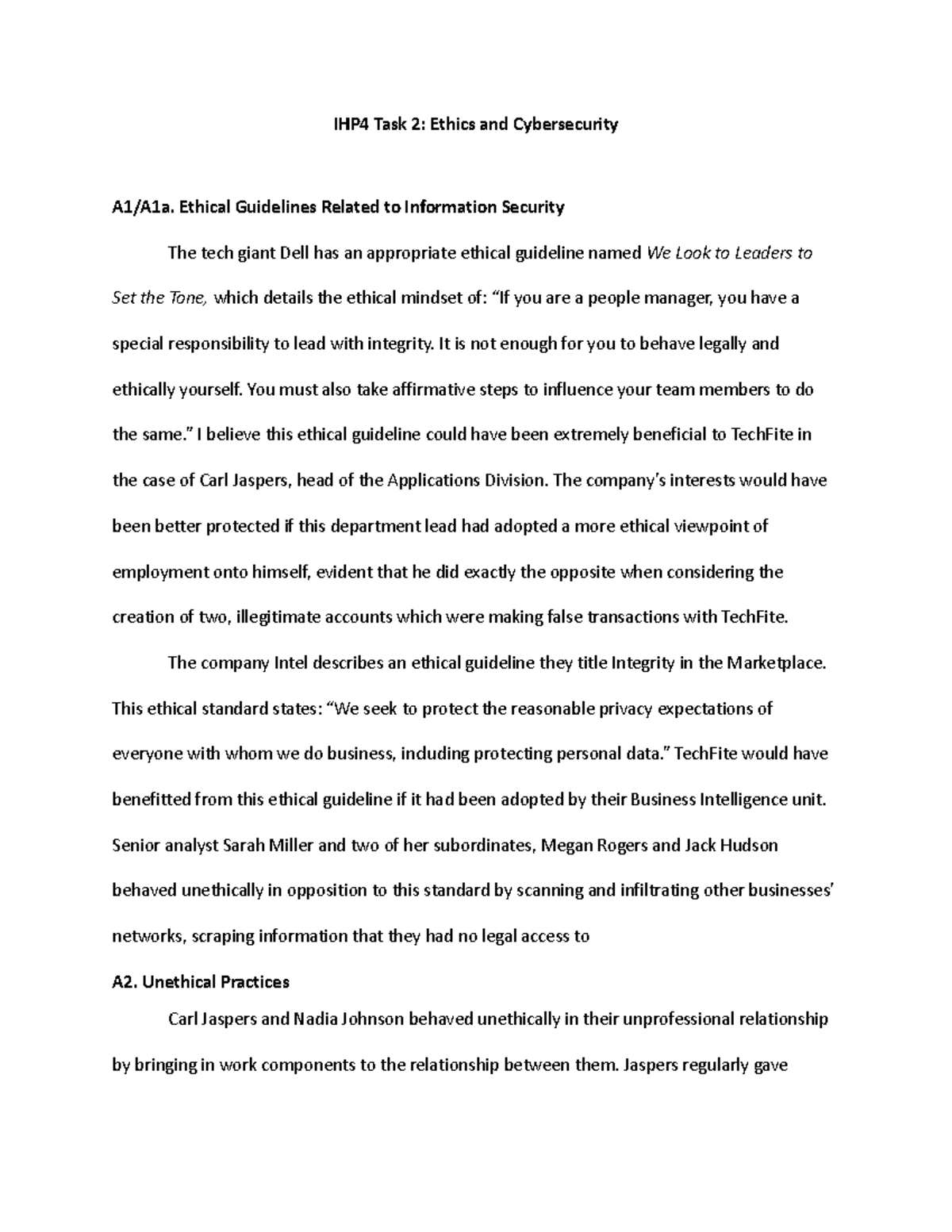 Task 2 C841 Submission - IHP4 Task 2: Ethics and Cybersecurity A1/A1a ...