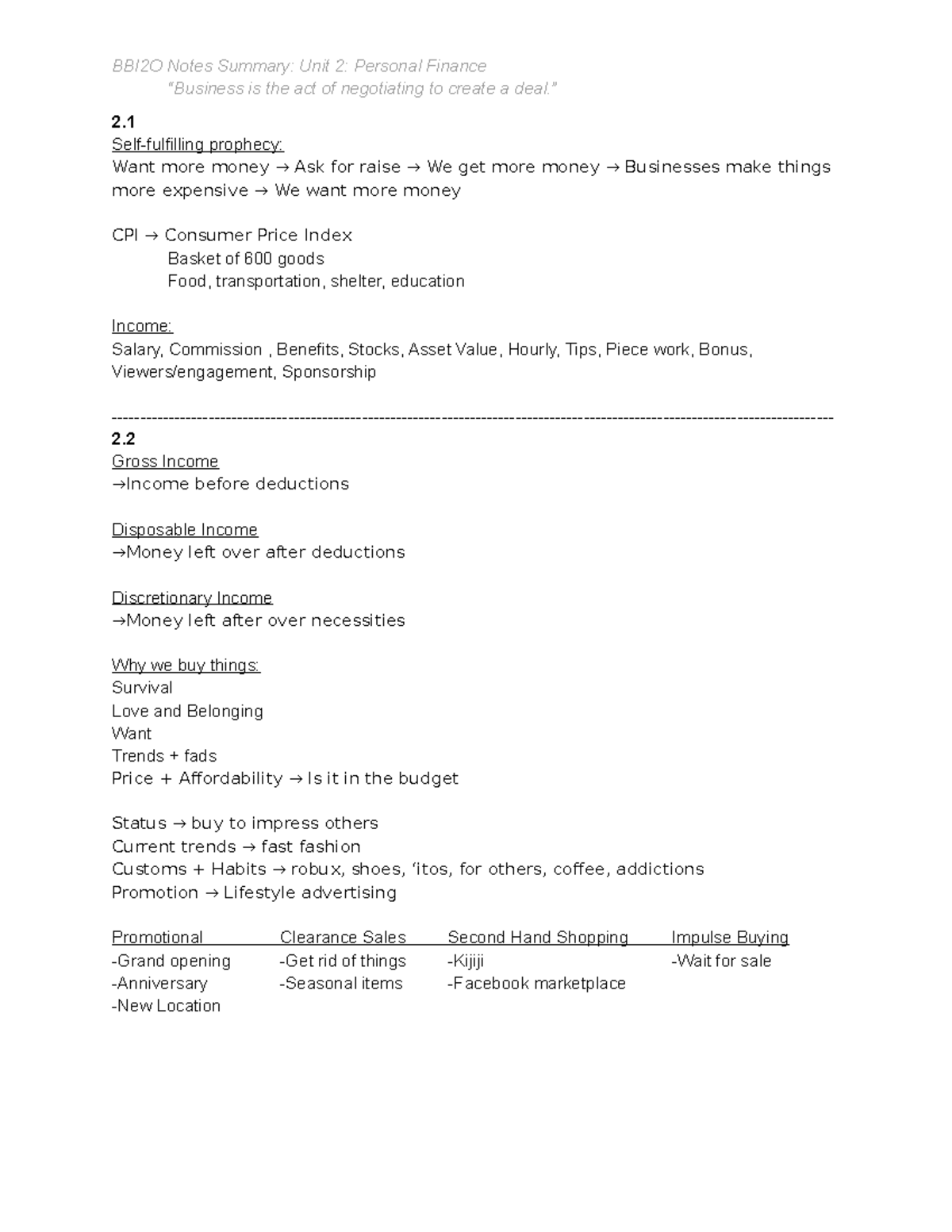 Unit 2 Personal Finance - “Business is the act of negotiating to create ...