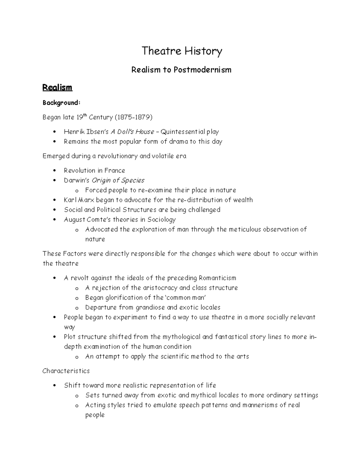 Theatre History - Theatre History Realism to Postmodernism Realism ...