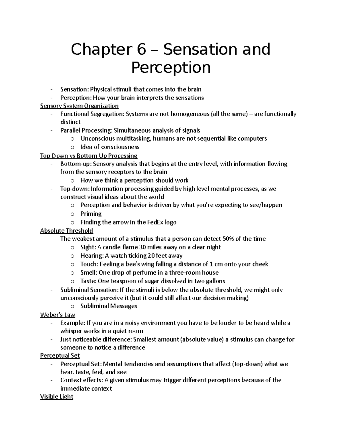 Chapter 6 – Sensation and Perception - Chapter 6 – Sensation and ...