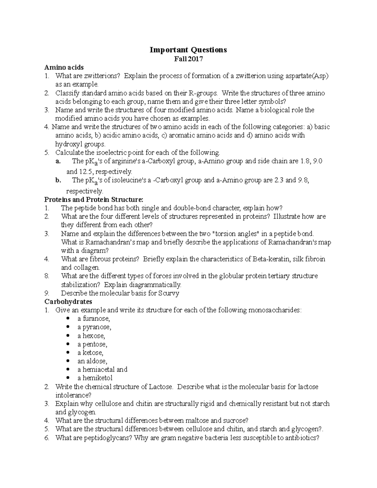 Basic Biochemistry-Important SA Questions - Important Questions Fall ...