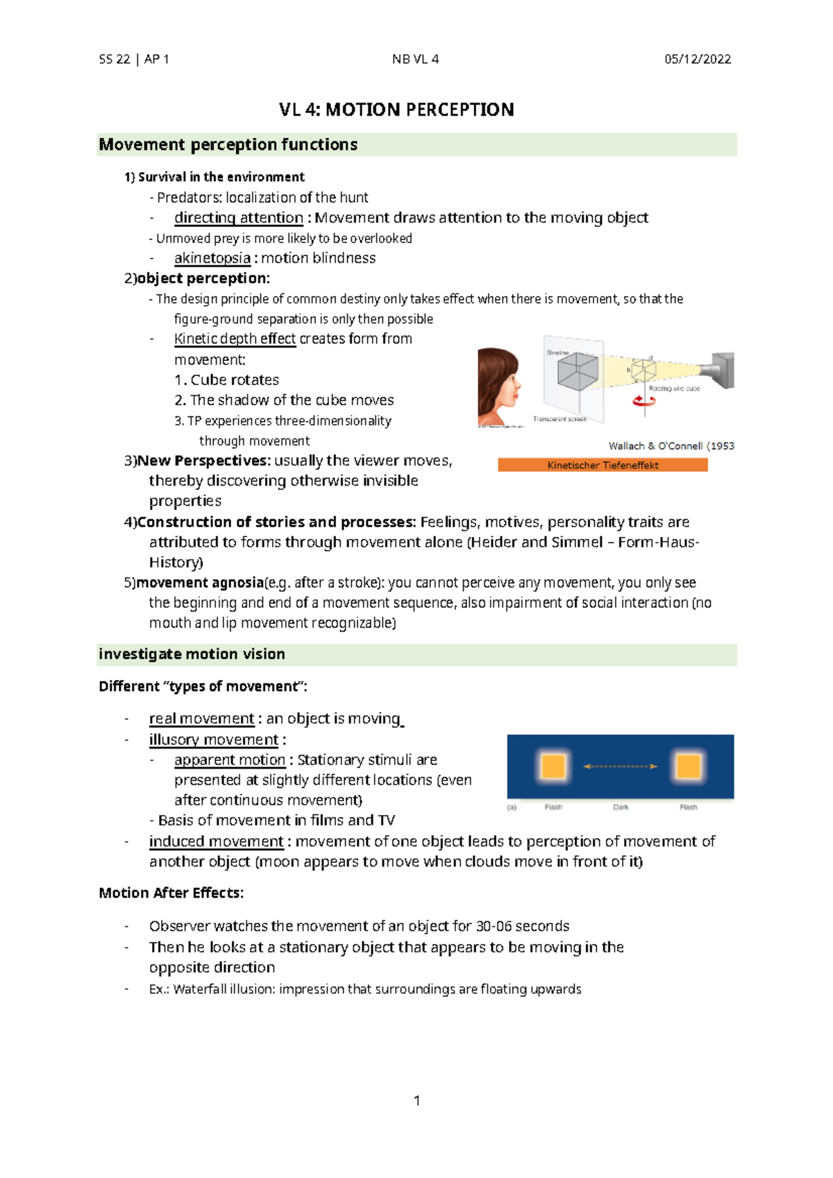 Summary 4.1 - Functions of movement perception - VL 4: MOTION PERCEPTION Movement perception ...