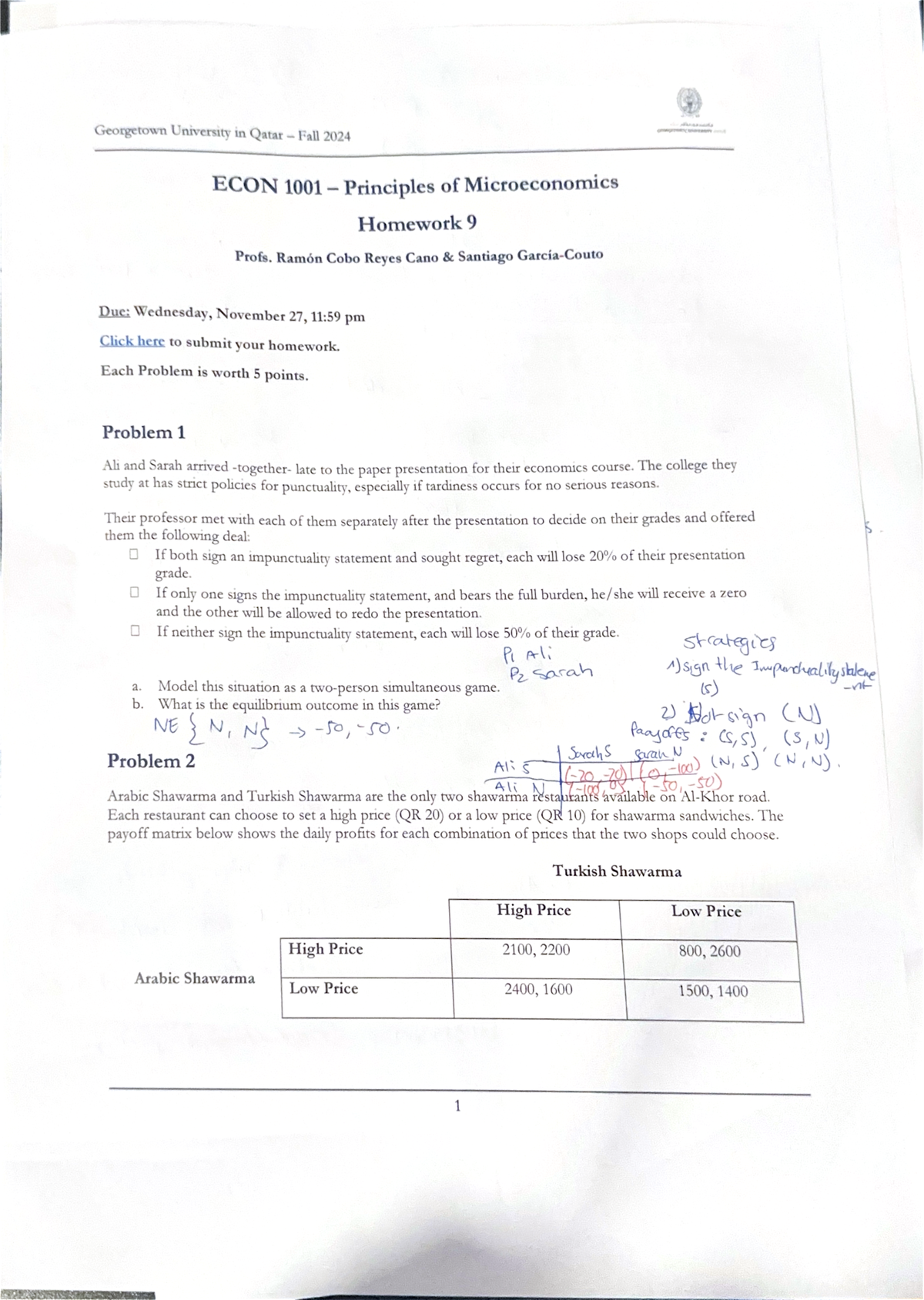 homework9fall2024 - Georgetown University in Qatar Fall 2024 ECON 1001 Principles of ...