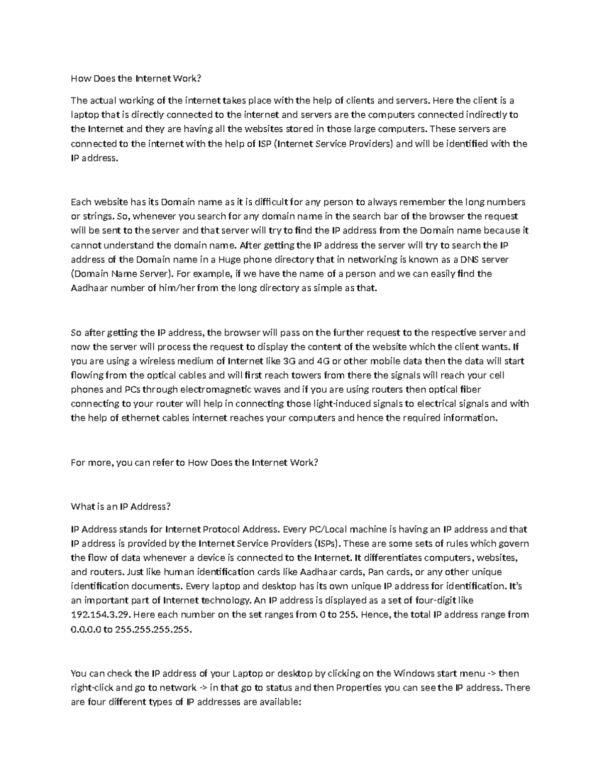 Doc 4 - lesson 1 - How Does the Internet Work? The actual working of ...
