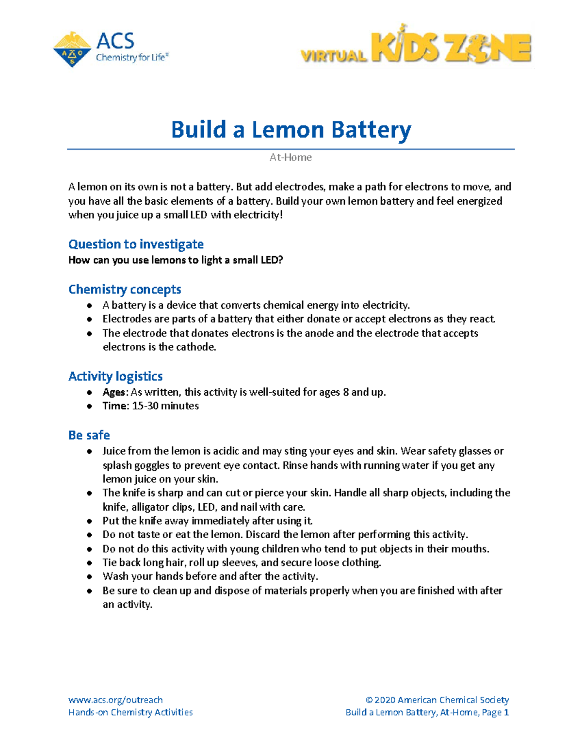 Kids zone build a lemon battery - acs/outreach © 2020 American Chemical ...